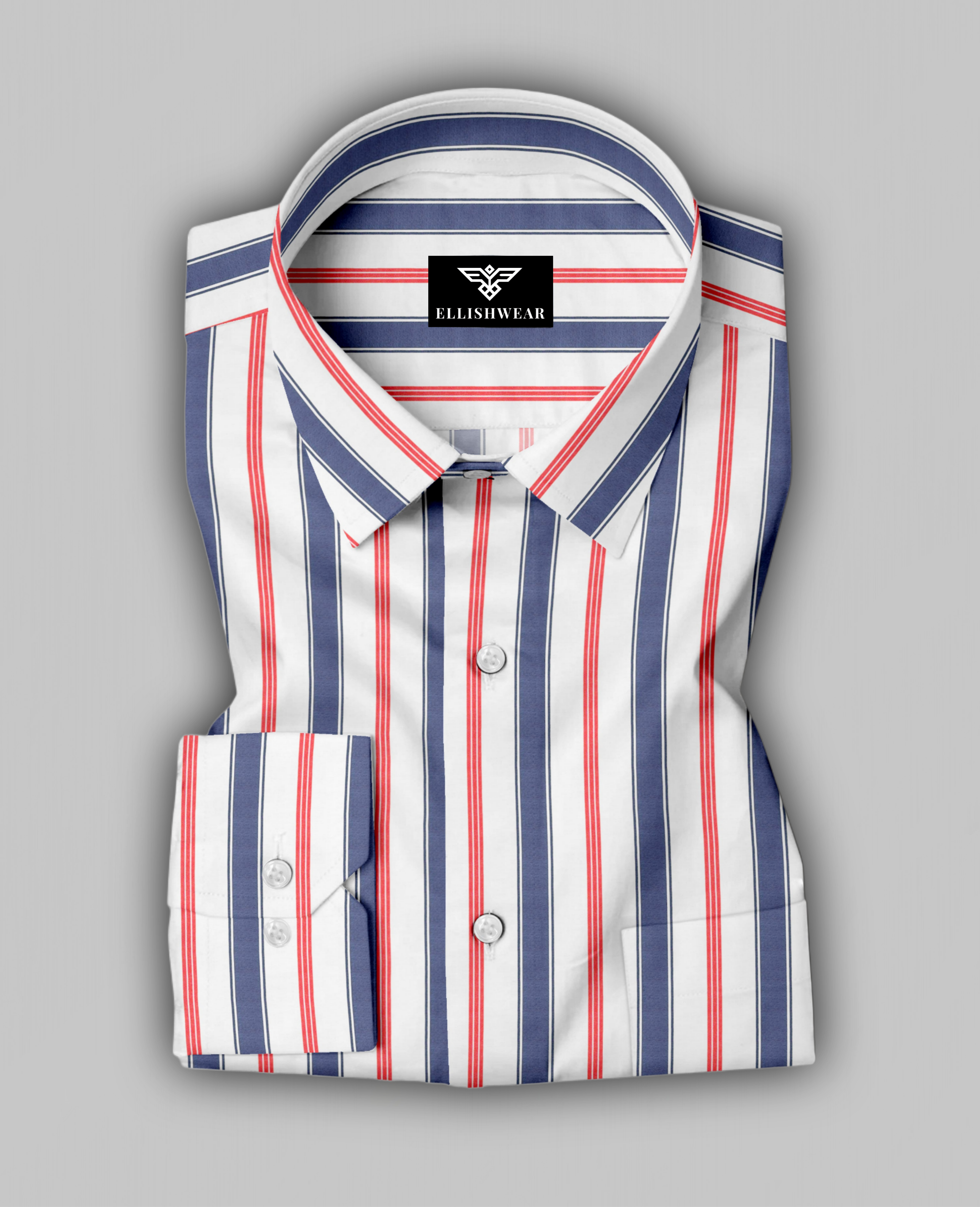 Designer White Striped Formal Shirt with Red & Blue Pattern – Ellish Wear